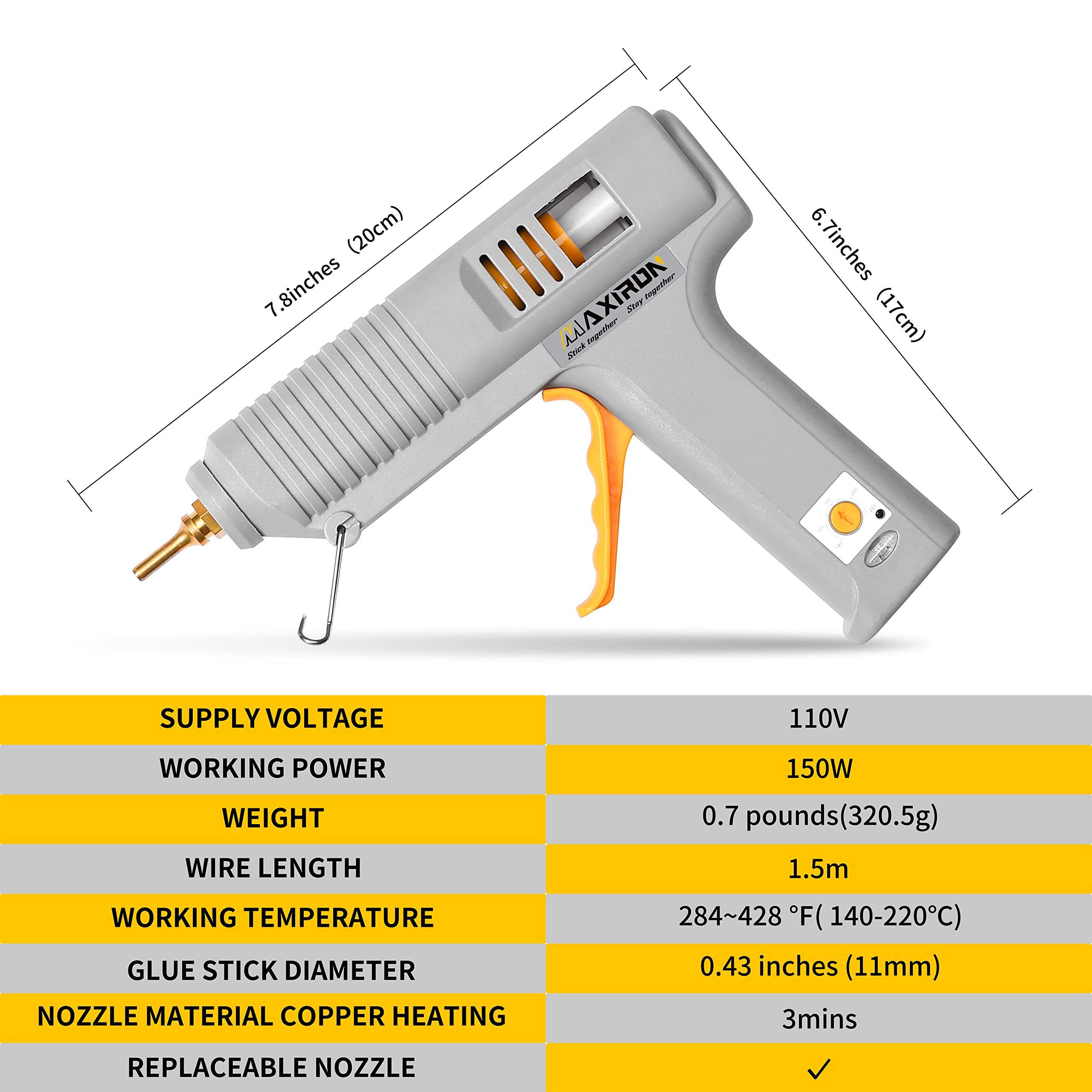 MAXIRON Full Size Hot Glue Gun with 4 Nozzles - 150 Watts Temperature Adjustable Glue Guns with Heating Indicator Light. Heavy Duty Glue Gun Kit for Crafting,Wood,PVC,Glass,Home Repair.
