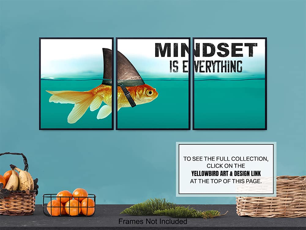 Mindset is Everything Motivational Posters - Motivational Wall Art - Home Office Decor - Entrepreneur Gifts - Inspirational Wall Decor - Uplifting Self-Improvement Positive Quote - Shark Goldfish