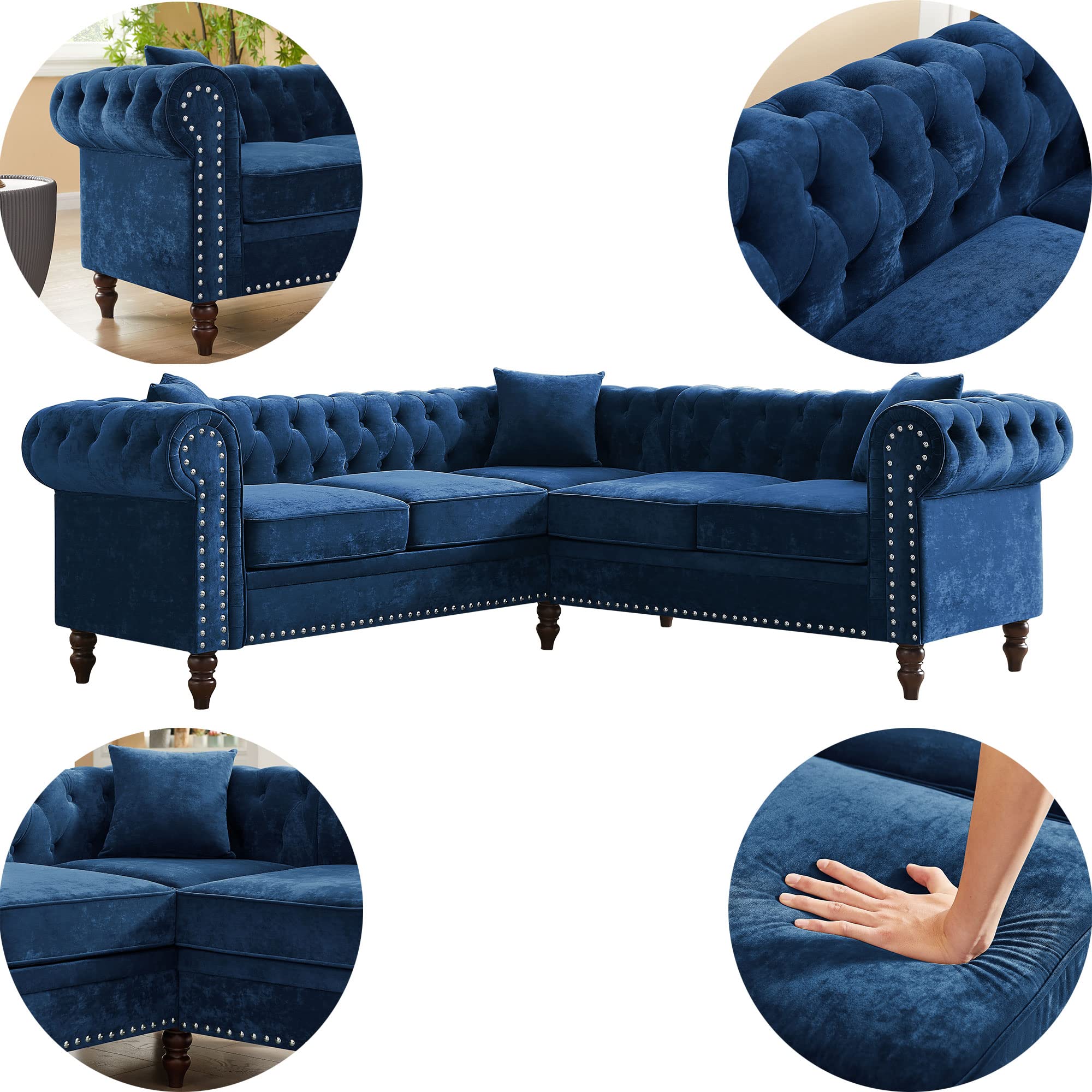 Merax L-Shaped 80" Deep Sofa Couch, Luxury Classic Chesterfield L-Shaped Velvet Sofa, Button Tufted Upholstered Sectional Corner Sofa with 3 Pillows and Solid Wood Gourd Legs, Blue Velvet