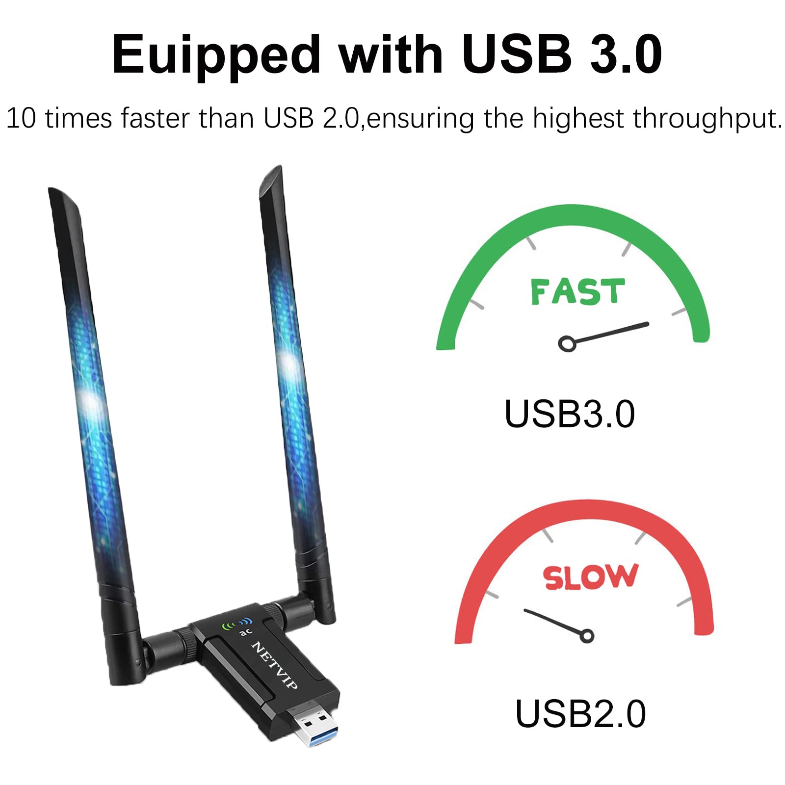 NETVIP USB WiFi Adapter for PC, 1200Mbps Wireless Network Adapter with 2 * 5dBi High Gain Antennas and USB 3.0 Cradle, Dual Band 2.4GHz 5GHz WiFi Dongle for Windows 11/10/7/8/8.1/XP/Mac OS 10.9-10.15