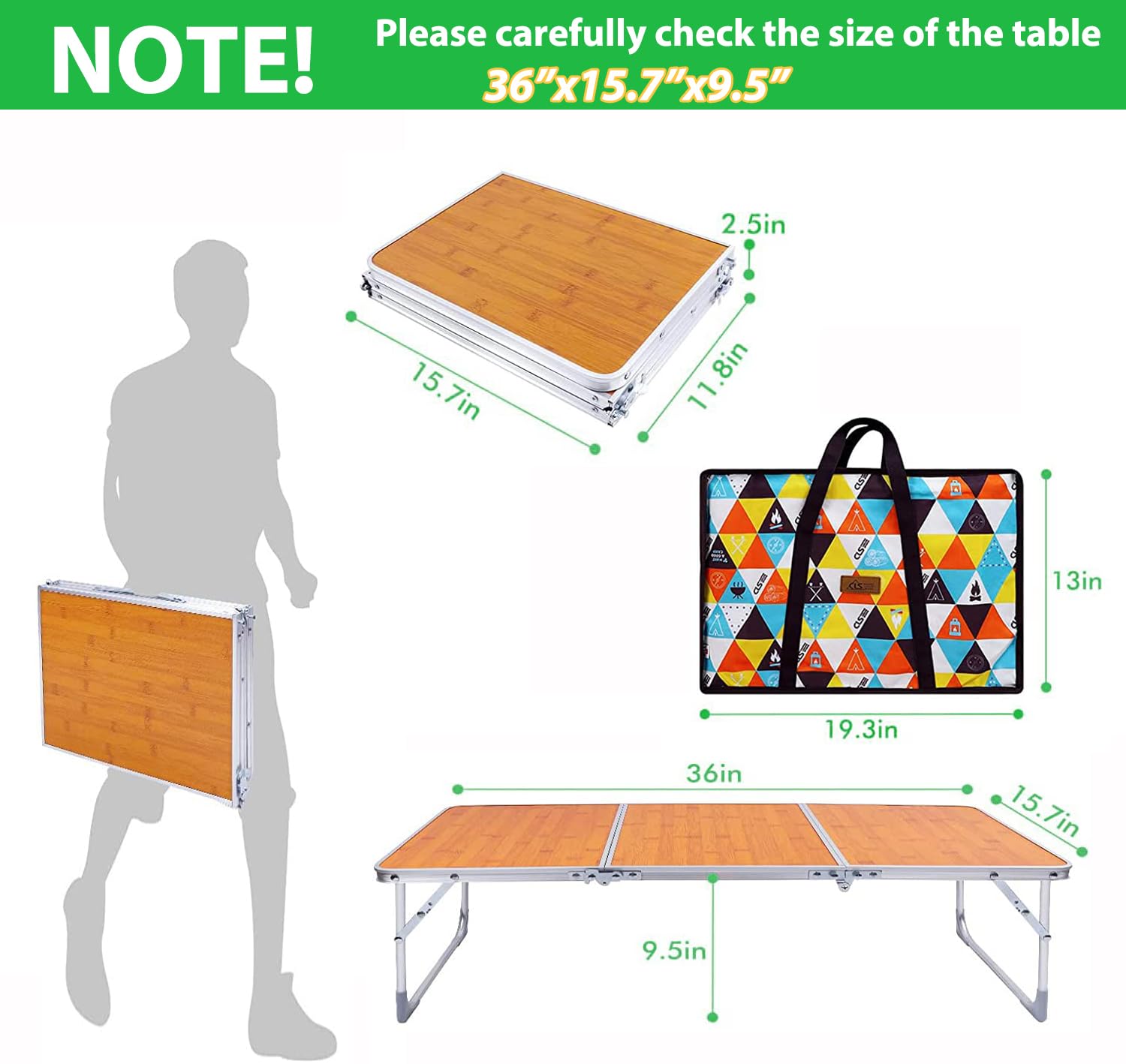 LJMBOEN Folding Camping Table,48"x24" 4FT Adjustable Height Aluminum Portable Picnic Table,3 Fold Lightweight Outdoor Table with Mesh Bag & Carrying Bag for Indoor Travel Beach and Party
