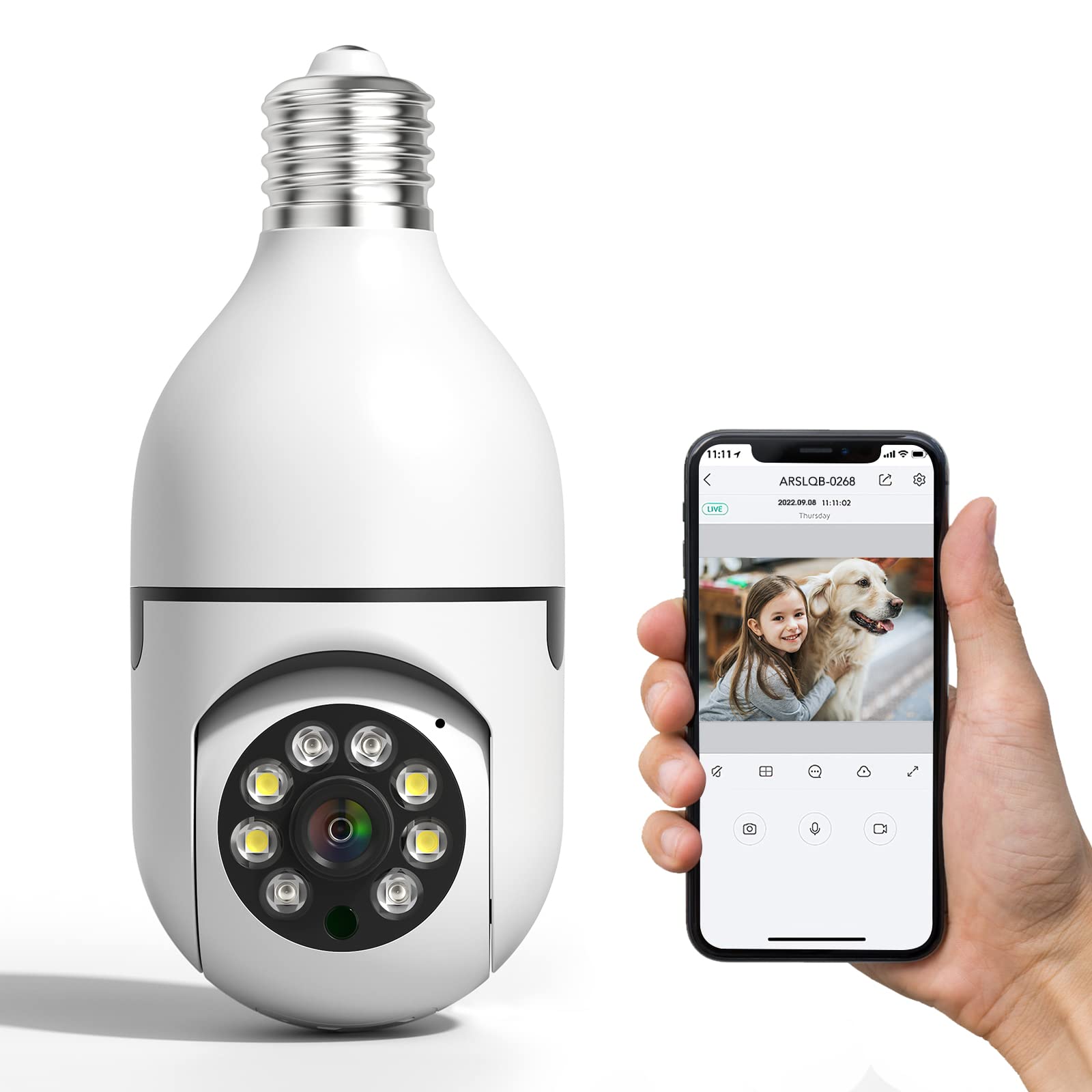 Light Bulb Security Camera, E27 Wireless WiFi Outdoor Security Camera, 1080P 2.4GHz WiFi Smart Home Surveillance Cam 355 Degree with Two-Way Audio, Night Vision, Motion Detection, Work with Alexa