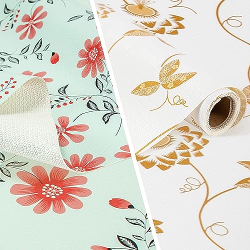 RAY STAR Shelf Liner, 12 Inch x 10 Feet Non Adhesive Golden Red Daisy Floral Cabinet Liner for Pantry Drawer Vanity, Strong Grip Non Slip Waterproof, Shelf Liners for Kitchen Cabinets