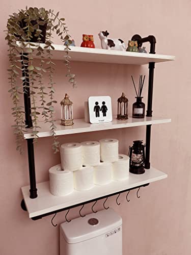 ROGMARS Industrial Pipe Shelving Floating Bathroom Shelves with Towel Bar Over Toilet,3 Tier 30 inch Retro White Rustic Farmhouse Pipe Wall Shelves for Kitchen Storage (30inch 3 Tier)