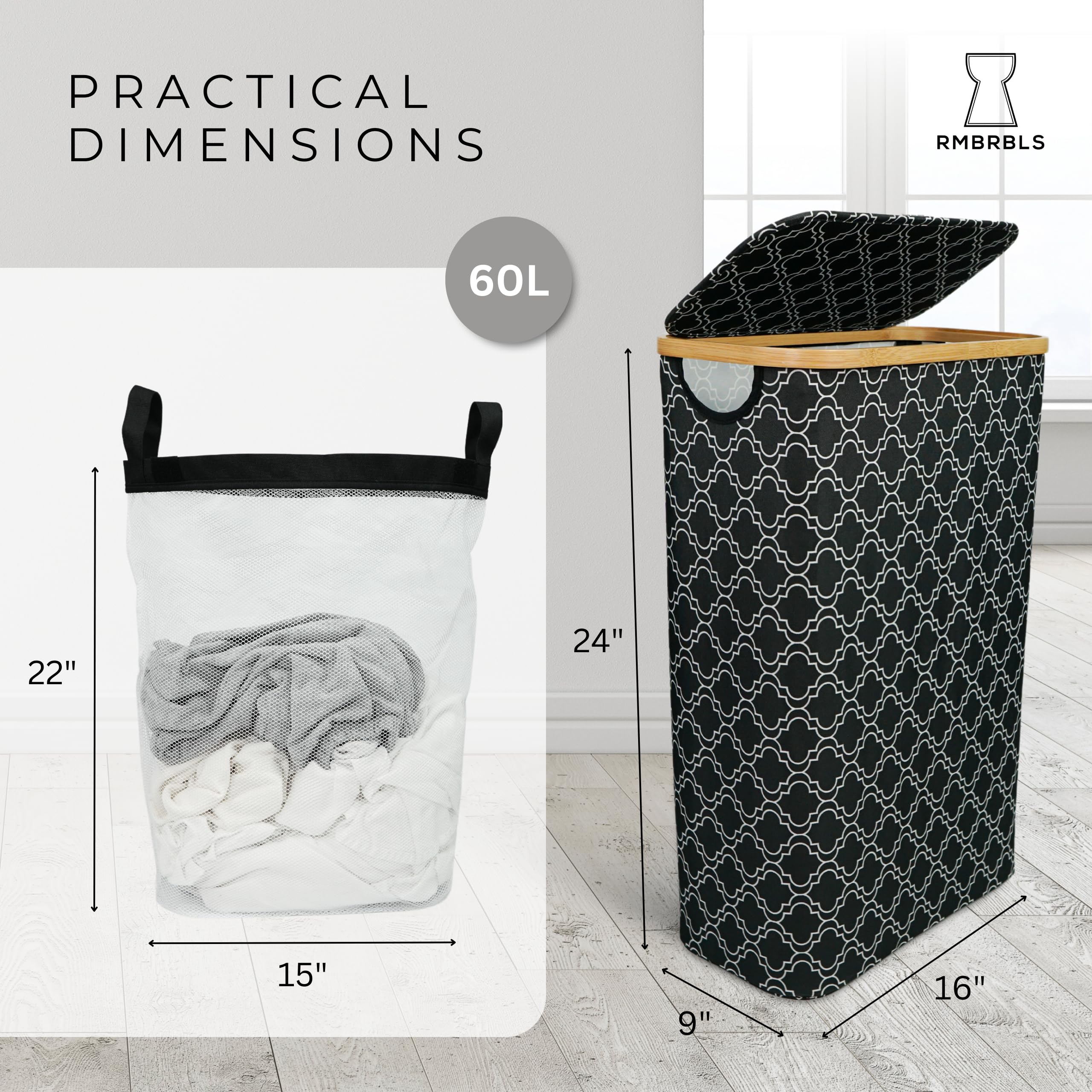 Slim Hamper with Lid & Removable Mesh Bag (60L) β Foldable Narrow Clothes Hamper with Bamboo Handle β Durable Skinny Laundry Basket for Bedroom, Bathroom Dorm & Closet - Black