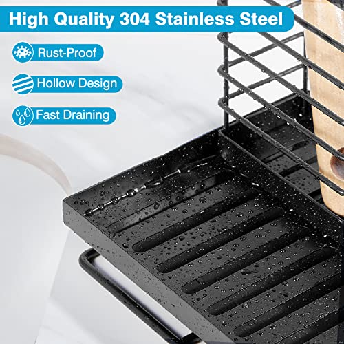 Purboah Sink Caddy Organizer,Kitchen Caddy for Sponge Dishcloth Brush Holder with Black Drain Tray and 2 Sponges 304 Stainless Steel Rustproof