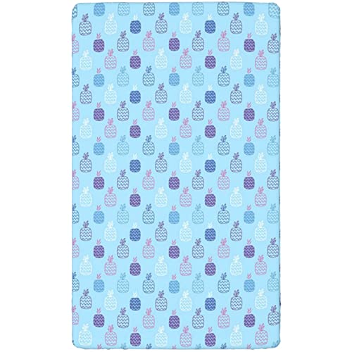 Pineapple Themed Fitted Mini Crib Sheets,Portable Mini Crib Sheets Ultra Soft Material-Baby Crib Sheets for Girl or Boy,24“ x38“,Baby Blue and Multicolor