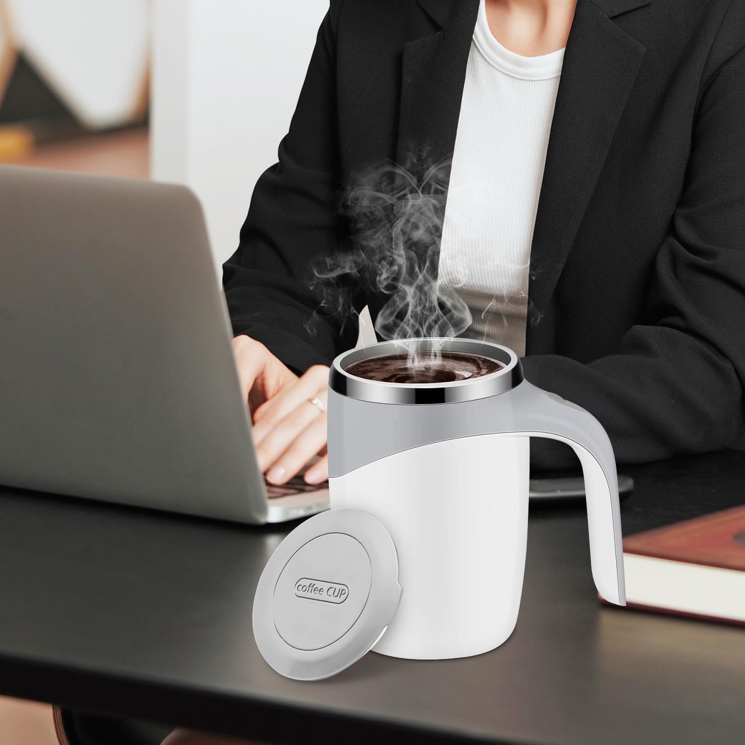 Self Stirring Coffee Mug, Rechargeable Automatic Coffee Stirring Mixing Mug, Electric Funny Self Mixing Cup, Stainless Steel Travel Coffee Cup for Office, Home, Kitchen(White)