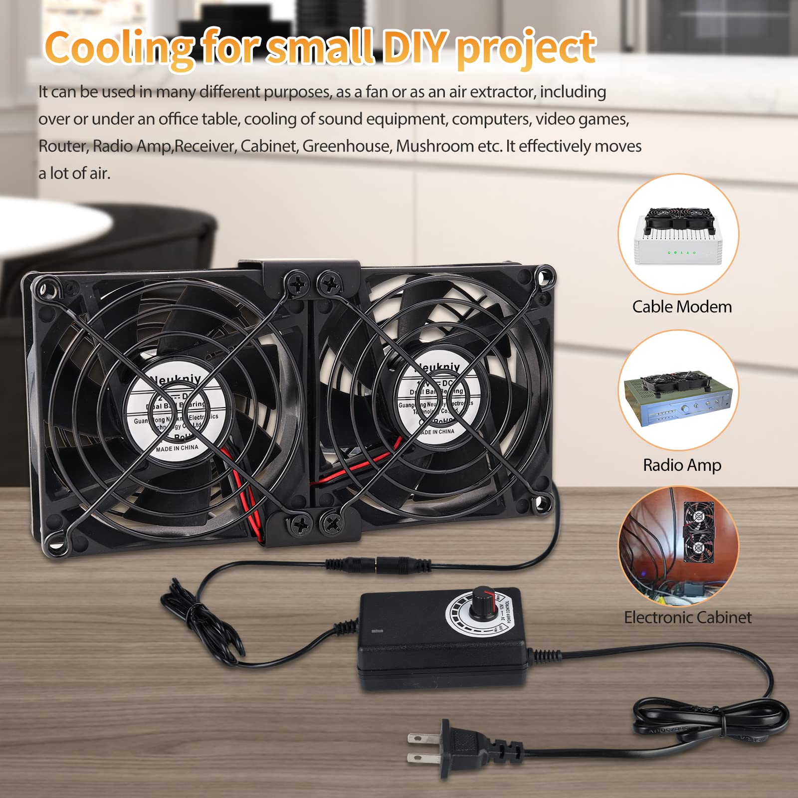 Neukniy Big Airflow 2X 80mm Fan 110V 240V AC Powerful Computer Fan with AC Plug, Variable Speed Fan for Mining Machine Cabinet Chassis Server Workstation Cooling
