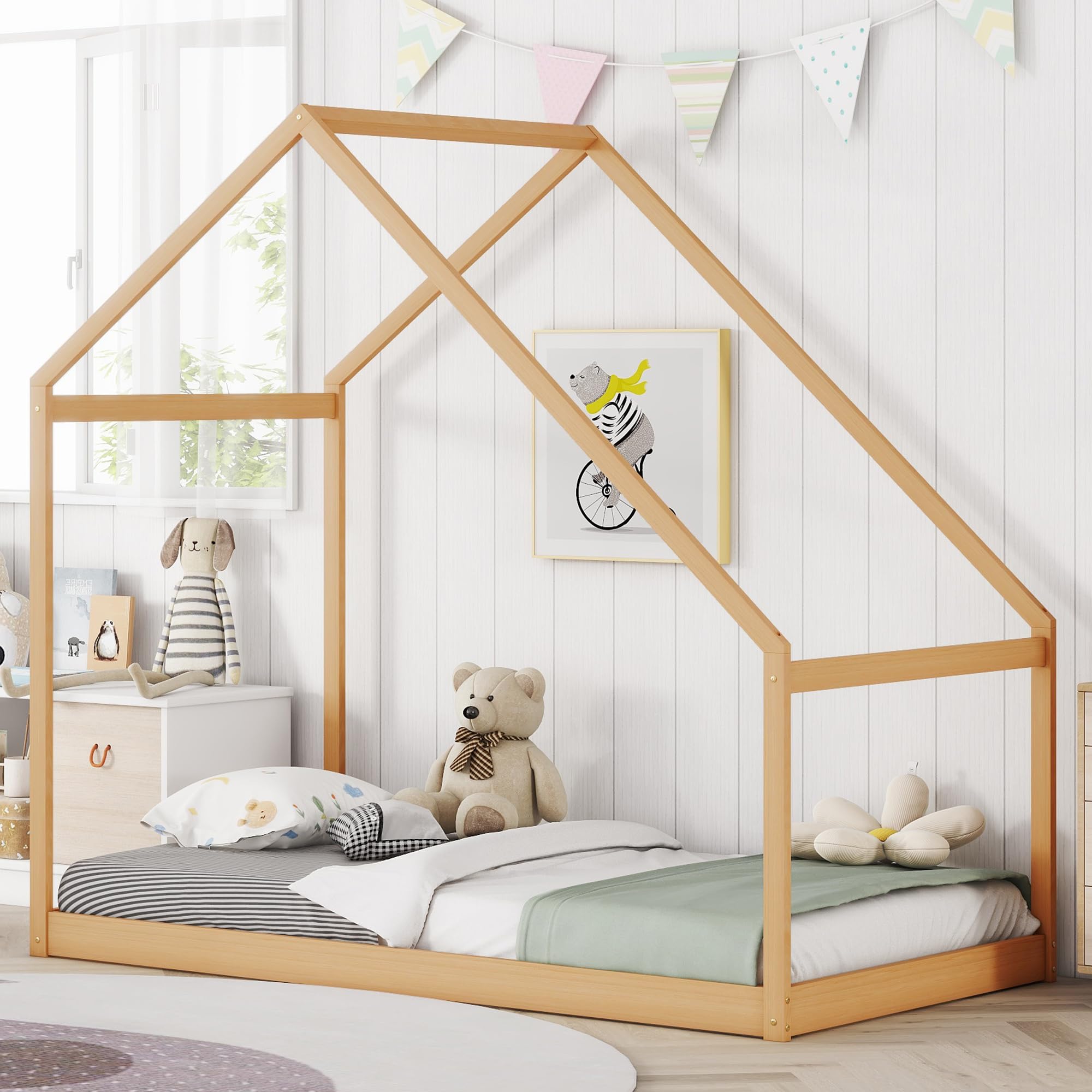 Merax Twin Bed Frames with Roof for Kids Girls Boys, Montessori Wooden House Shaped, Sturdy Framework, Easy Assembly, No Noise