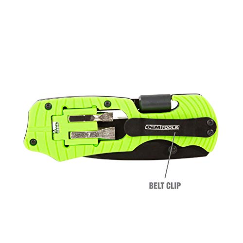 OEMTOOLS 25541 Cut and Drive Multi Tool, Drop Point Knife, Screwdriver, Bit Set, Ruler, and Bottle Opener, EDC, Contractor, HVAC Tool, Green and Black