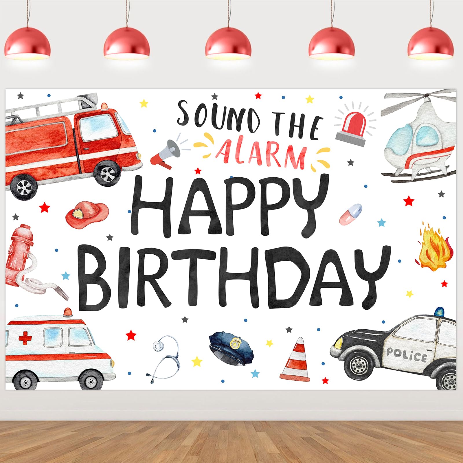 Wonmelody Emergency Birthday Decorations Backdrop Happy Birthday Sound the Alarm Backdrop Banner Rescue Vehicle Birthday Party Supply Team Rescue Backdrop First Responder Transportation Party
