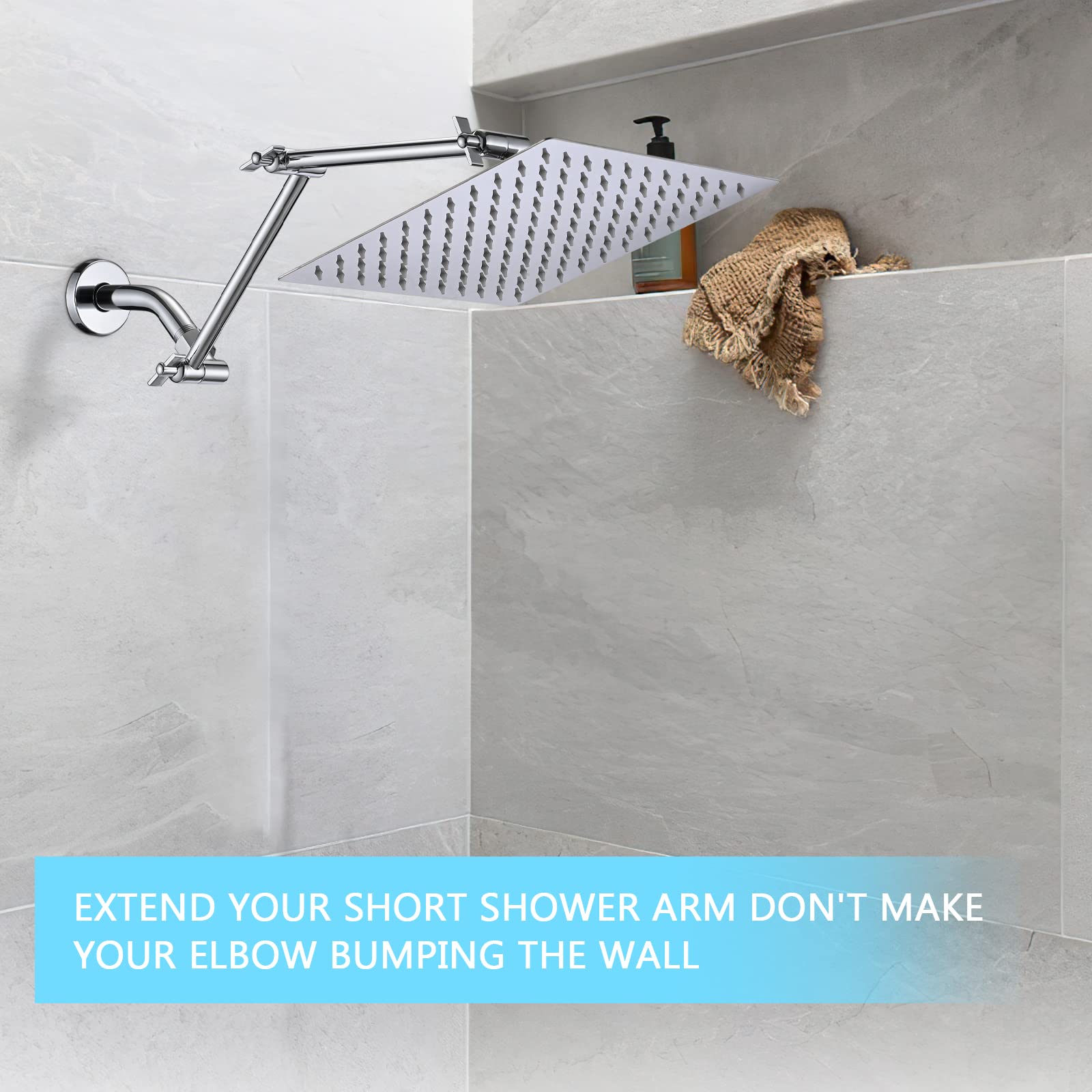 PDPBath Shower Extension Arm, 16" Upgrade Solid Brass Shower Head Shower Head Extender, Adjustable Height Extended with G1/2 Universal Connection for Rain & Handheld Shower Head - Chrome