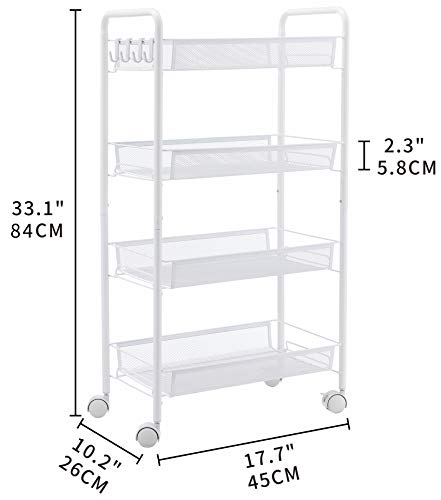 JANE EYRE Rolling Utility Storage Rack Cart on Wheels, Trolley Carft cart, Multi-Purpose Organizer Shelf (White, 4 Tier)…