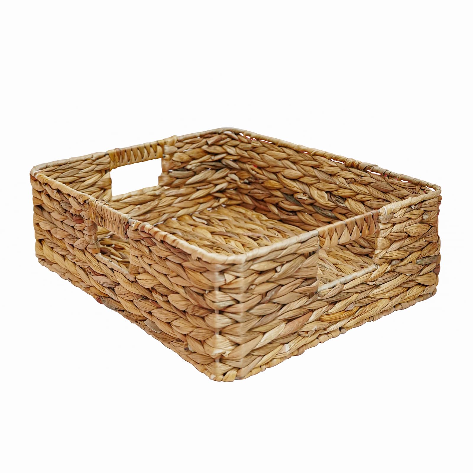 Rectangular Water Hyacinth Storage Baskets, Wicker Storage Baskets for Shelves, Square Shallow Basket, Woven Drawer Basket With Handle, 15.2” L x 12” W x 4.7” H