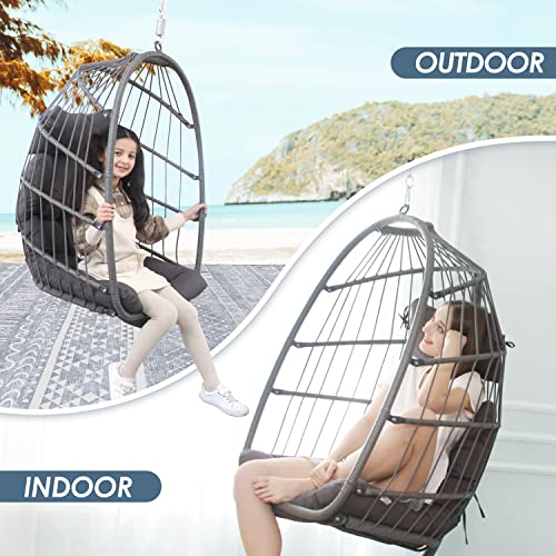 NICESOULĀ® Hanging Egg Chair Without Stand Tree Ceiling Egg Basket Chairs UV Resistant 265lbs Capaticy for Patio Backyard Balcony Bedroom Living Room with Hanging Steel Chain & Cushions Dark Grey