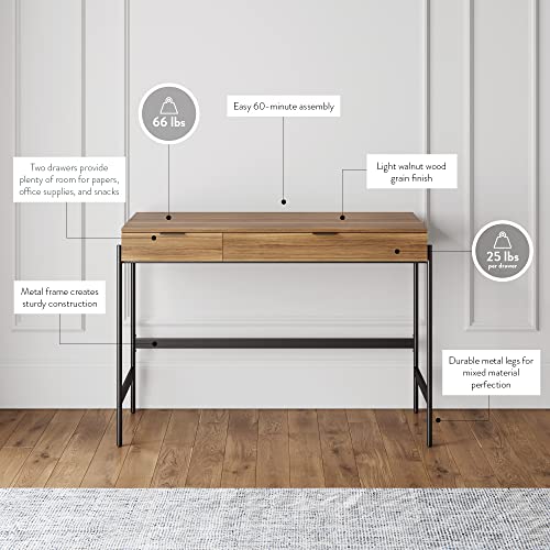 Nathan James Sophie Solid Computer Study Table for Home Office or Writing Desk with Drawers for Storage and Modern Metal Frame with Rustic Wood Top, Light Walnut/Black