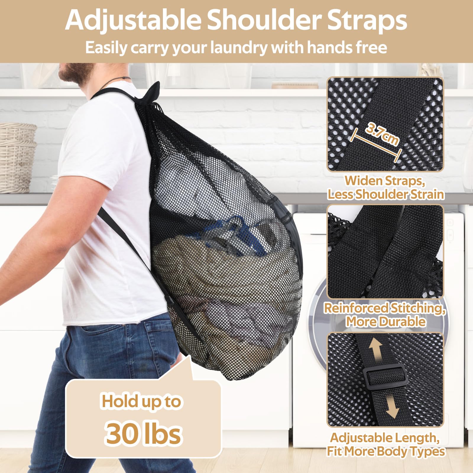 OTraki Mesh Laundry Bag Backpack 36 x 28 Inch Extra Large Drawstring Mesh Wash Bag with Shoulder Straps Zipper Pocket Heavy Duty Dirty Clothes Travel Laundry Bag for Home College Dorm Apartment Black