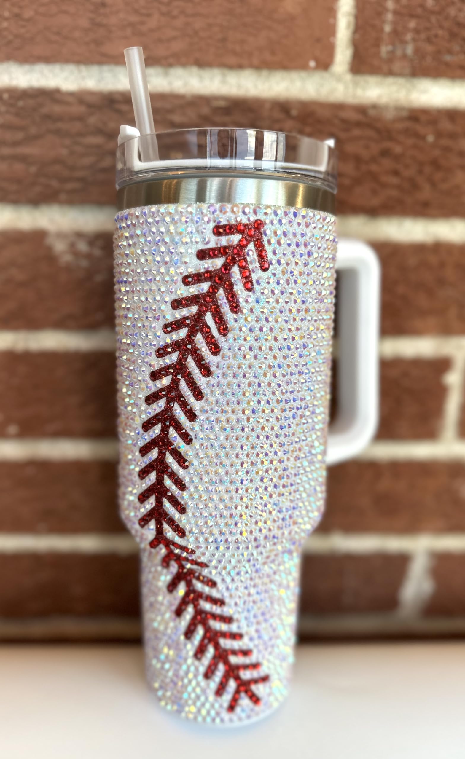 SEM LIFE 40 Oz Rhinestone Bling Tumbler Cup with Handle and Straw (BASEBALL), Stainless Steel and Double Wall Insulated