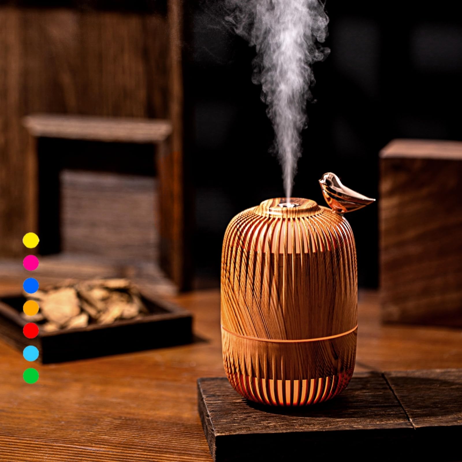 Portable Mini Humidifier,Birdcage styling Humidifier Colorful, Cool Mist, USB Powered Perfect for Desk Bedroom Indoor Plant Quiet Colorful Night Light (Lightwood)