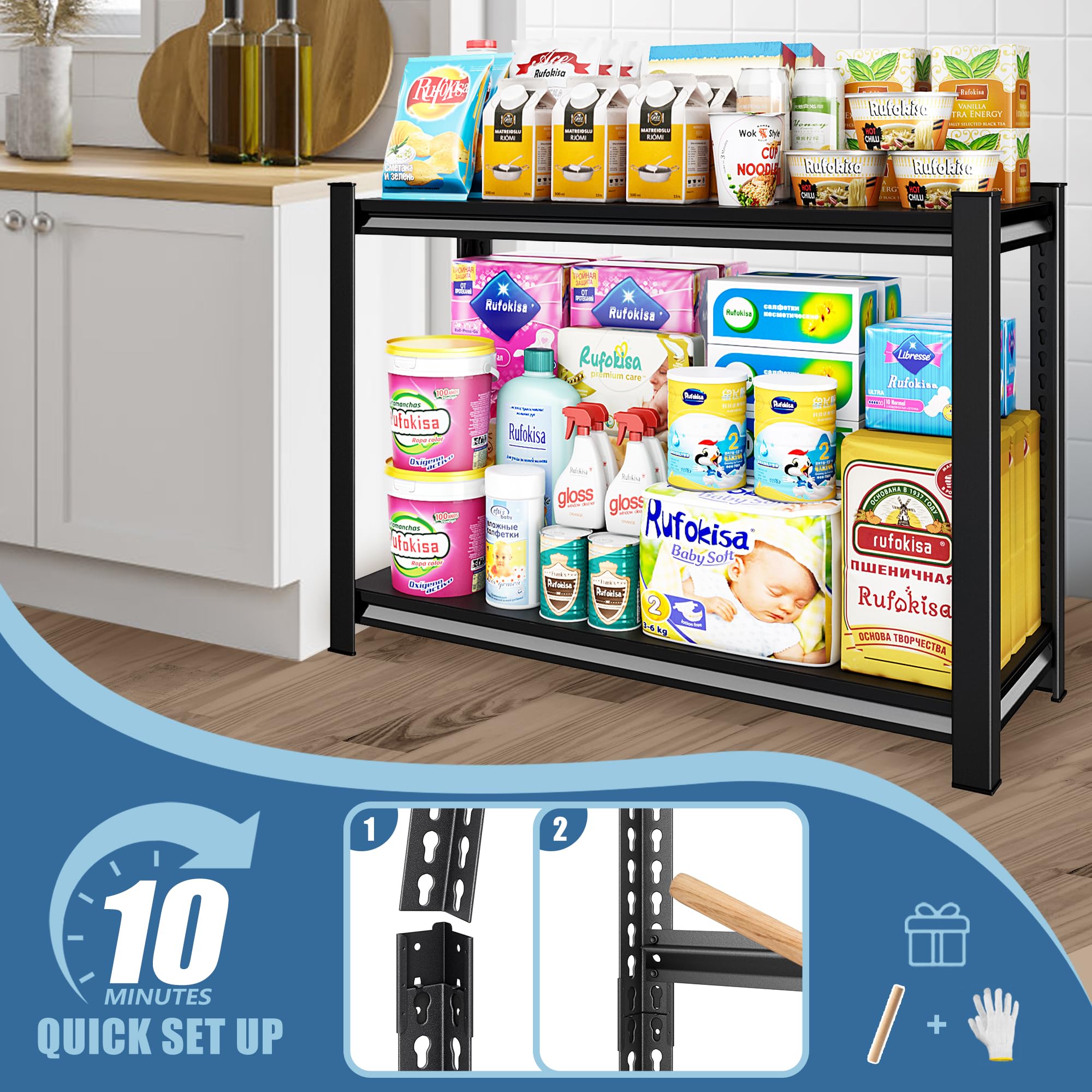 Rufokisa Garage Shelving Heavy Duty,Large Loads Adjustable Garage Storage Shelves, Metal Storage Racks and Shelving Units, Utility Rack Shelves,48”W x 18”D x 39”H,Black