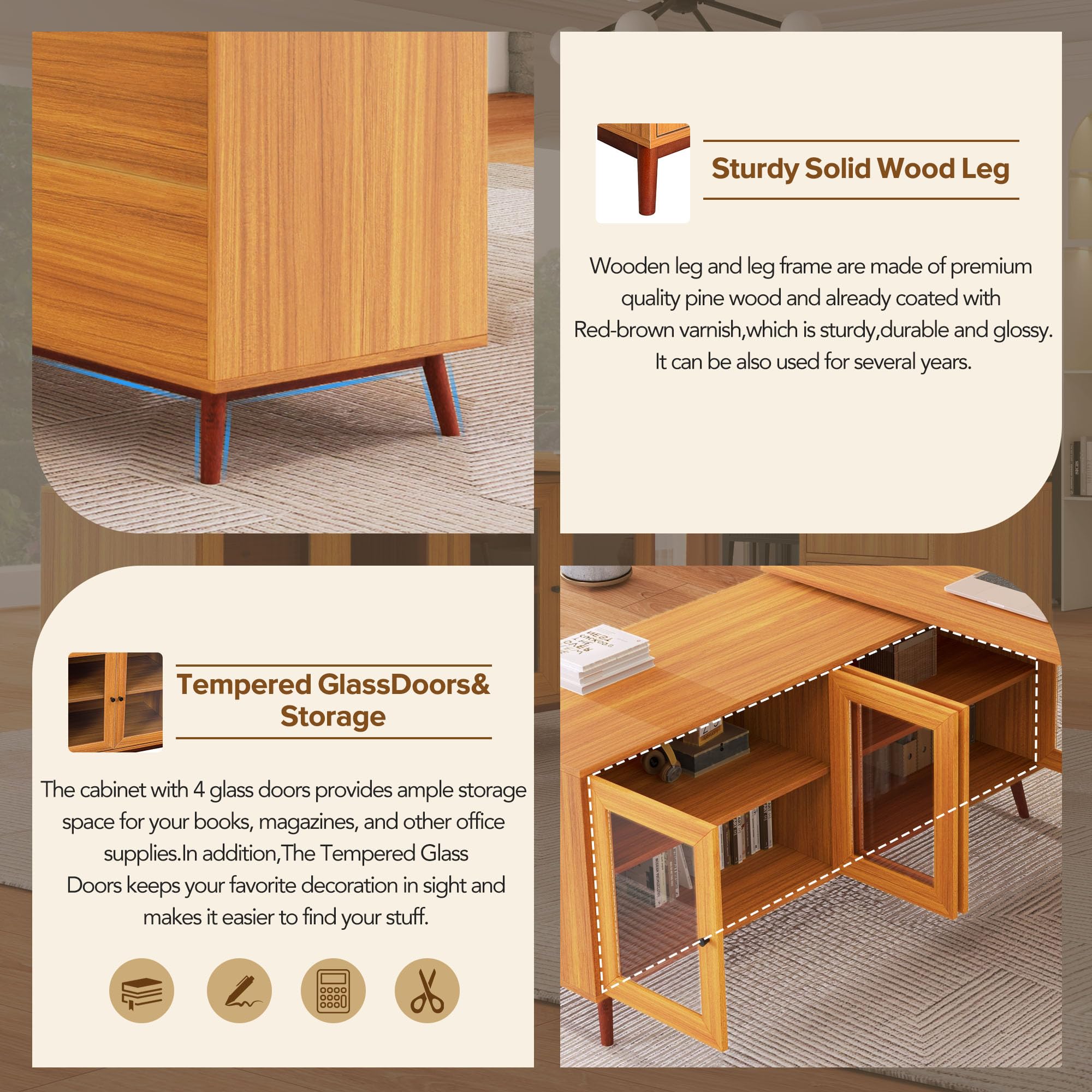 Pajadar L-Shaped Desk 66.5", Modern Executive Table with Delicate Tempered Glass Cabinet Storage, Teak Desk with Drawers, Long Desk for Modern Home Office