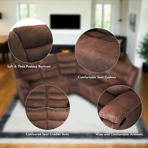Recliner Sectional Sofa, Microfiber Manual Reclining Sectional Couch with Cup Holders, Living Room/Office (Brown)