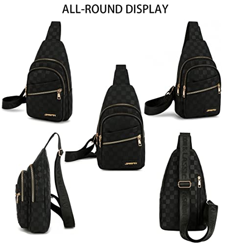 OANEXX Chest Sling Bag Women Crossbody Shoulder Sling Backpack Checkered Chest Fanny Daypack Adjustable (Black-1)