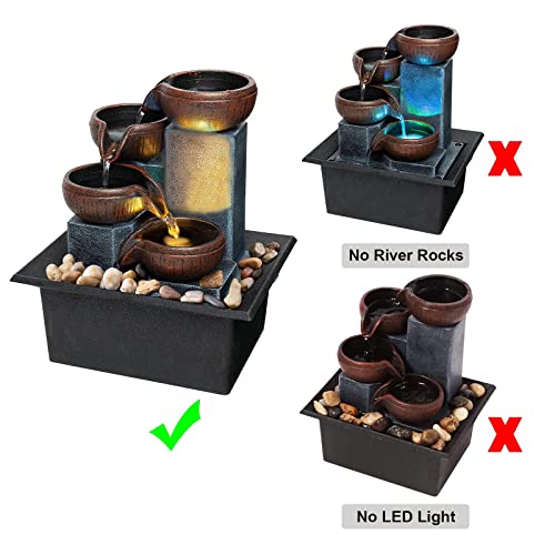 Small Tabletop Waterfall Fountain Zen Meditation Fountain Indoor Desktop Water Fountain with LED Light and Natural River Rocks for Office Home Bedroom