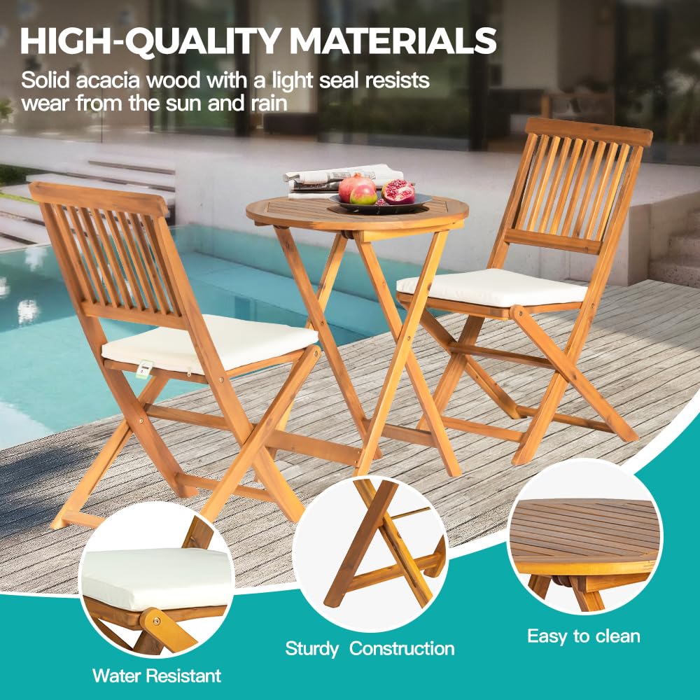 Panana 3PCS Patio Bistro Set Acacia Wood Folding Table Chairs with Cushions Foldable Patio Furniture Set for Outdoor Garden Deck Yard (Round)