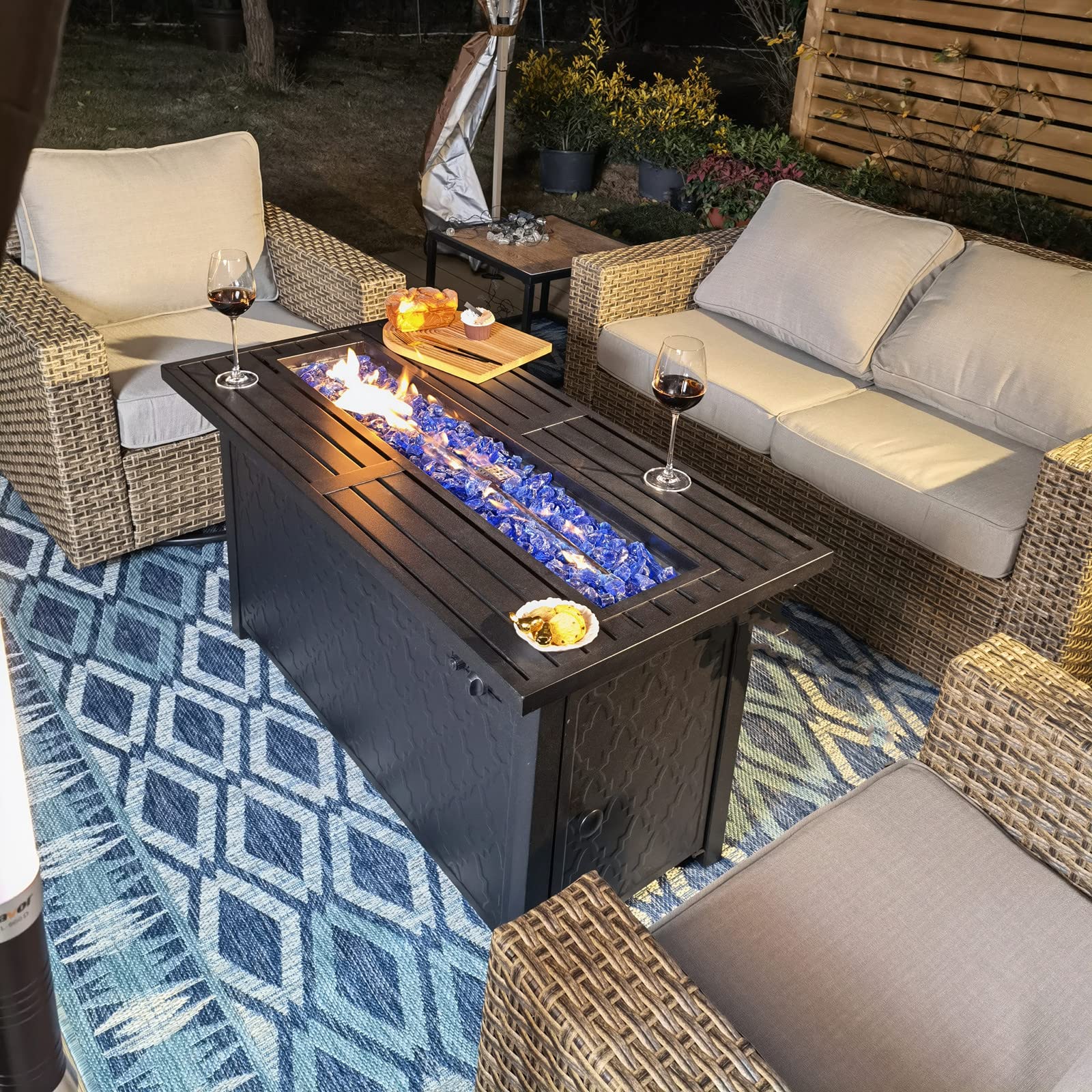 MFSTUDIO 45” Outdoor Rectangular Gas Fire Pit Table,50000 BTU Propane Iron Plate Embossing Fire Table with Lid and Blue Glass for Patio,Backyard and Balcony,Black
