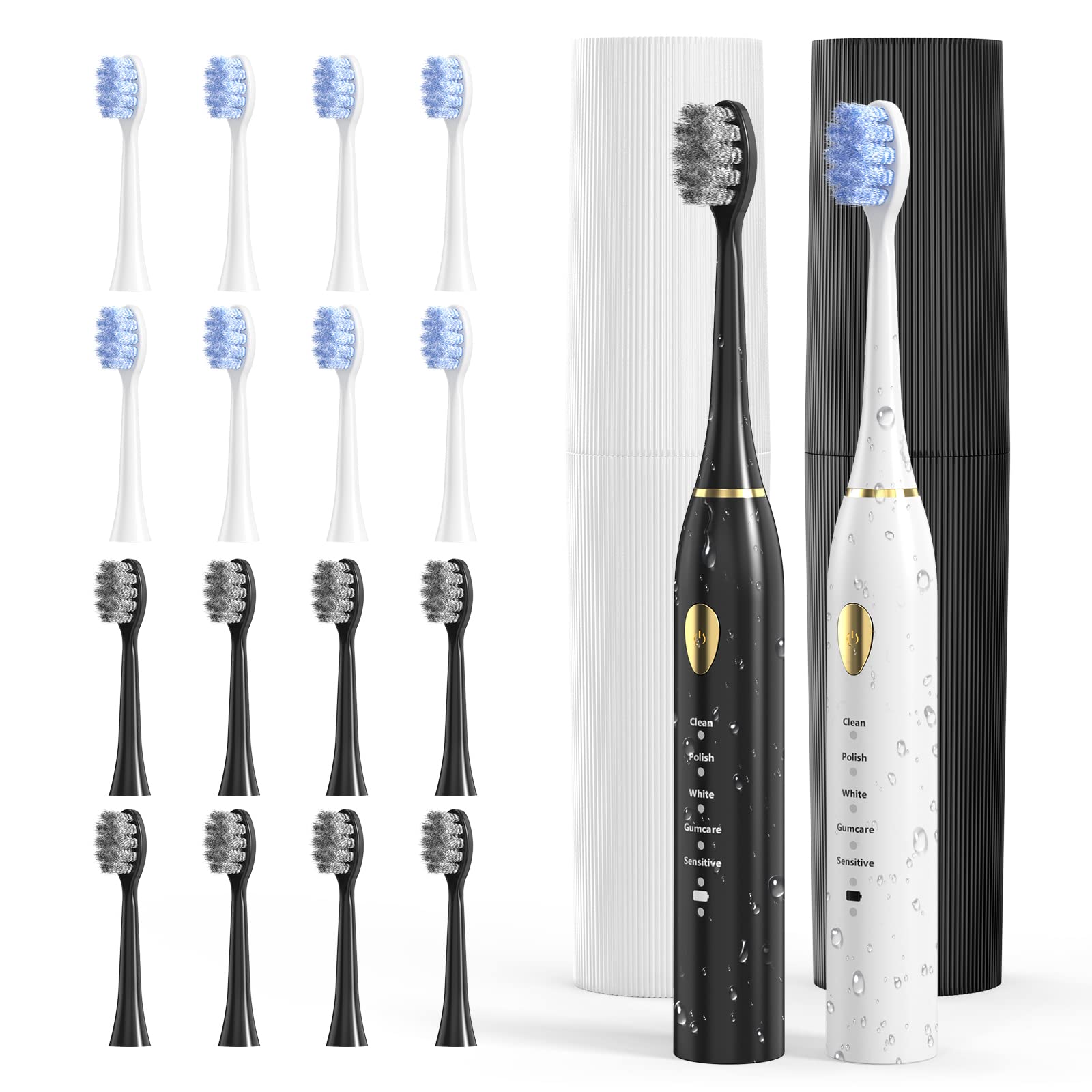 MOROLURU Electric Toothbrush Duo Dual Handle 5 Modes with Smart Timer and 16 Brush Heads & 2 Travel Cases Including IPX7 Waterproof ，Black&White