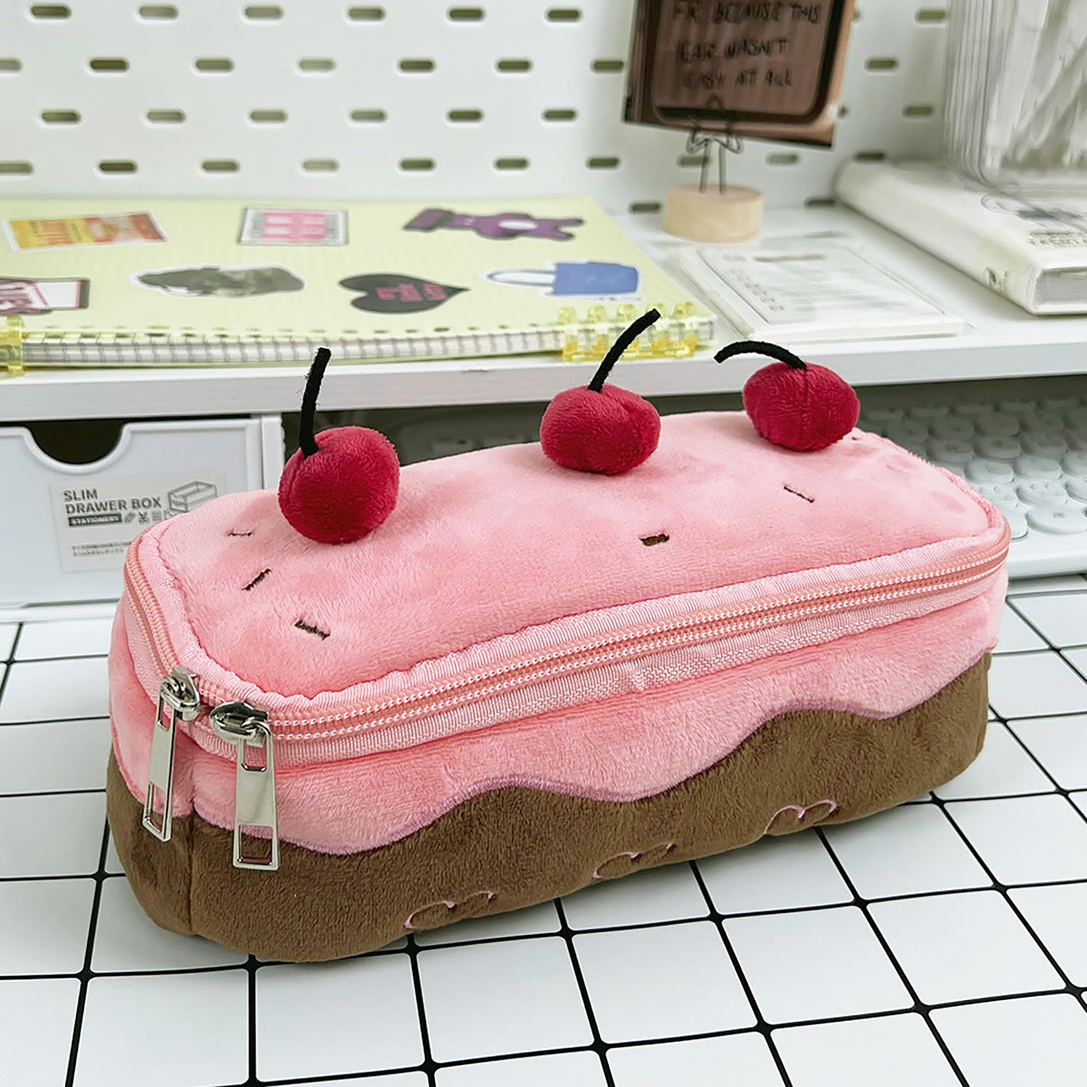 Pink Plush Cherry Cake Pen Bag, Cute Pencil Pouch Stationery Storage Box Kawaii Big Capacity Case Box Pen Holder Lead Pencil Organizer Supplies Pencil Case, Cosmetic Bag (Cherry pencil case)