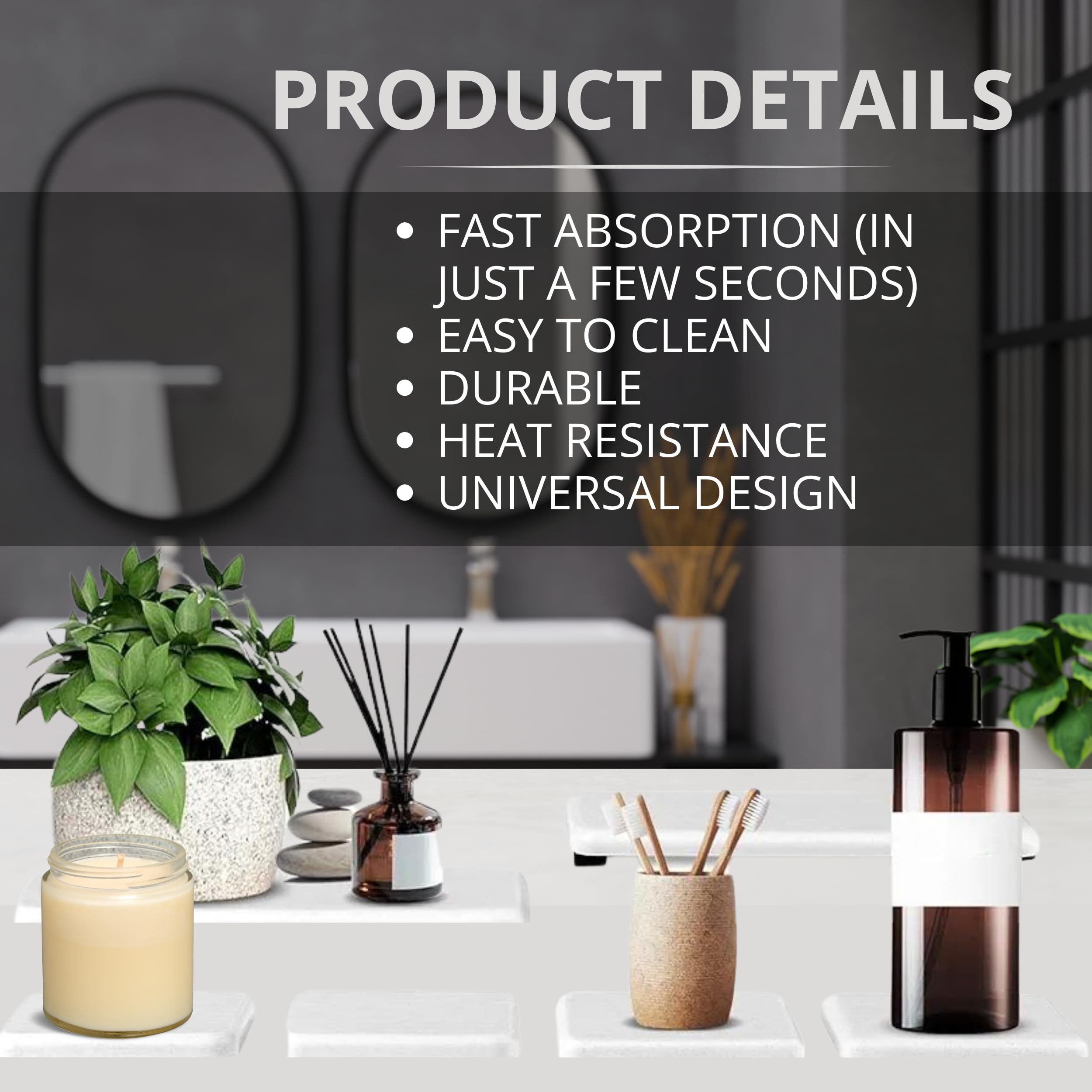 Pack of 4 Water Absorbing Stone Trays β White Fast Drying Stone Coasters for Bathroom & Kitchen Decorative Coasters Stone Diatomaceous Earth Bathroom Trays Ideal for Cups Hand Soaps Plants