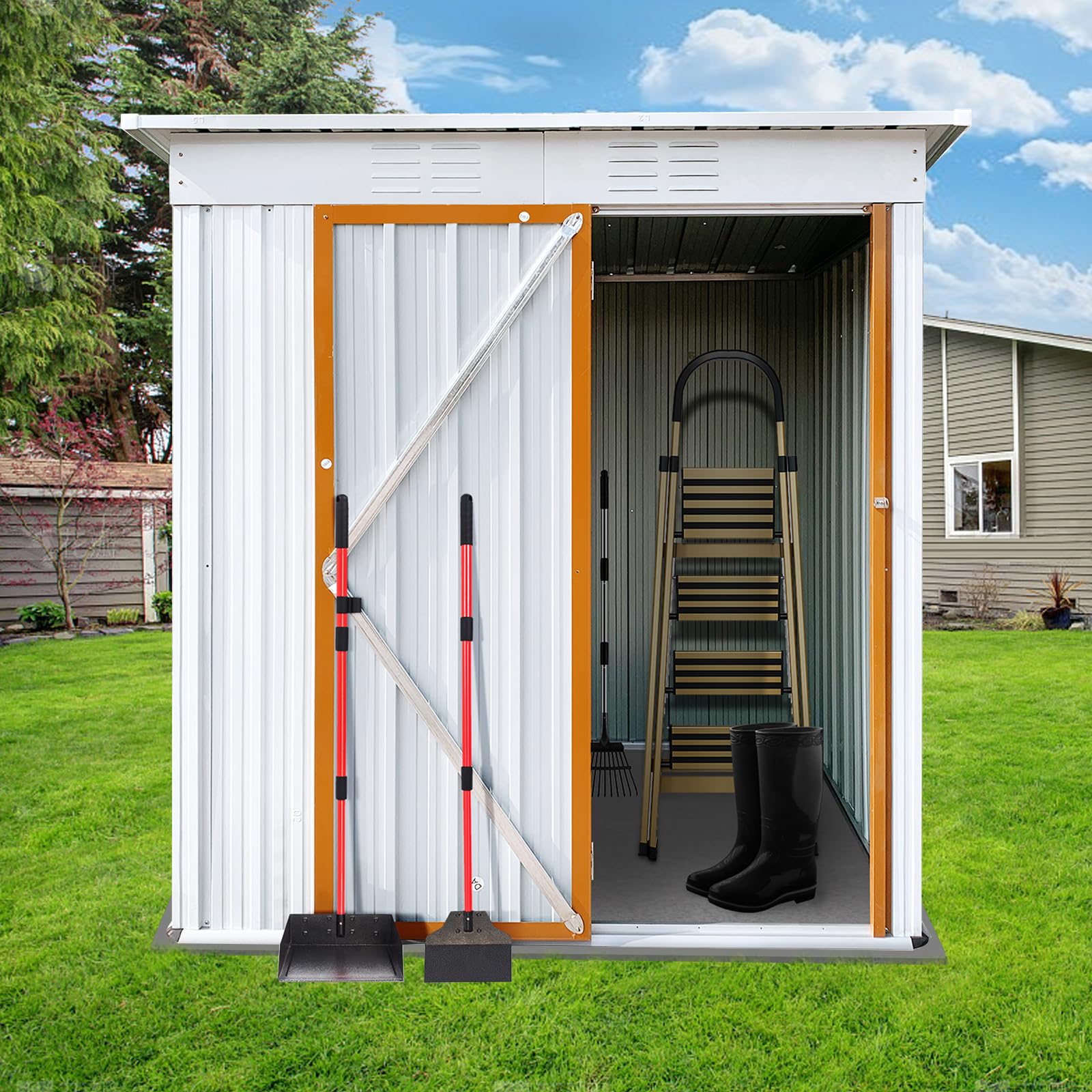 SumKea 5 x 3 Ft Outdoor Storage Shed, Lockable Metal Tool Shed,with Anti-Collision Corner Small Shed, for Garden, Backyard, Swimming Pool Outdoor Storage Shed, Brown
