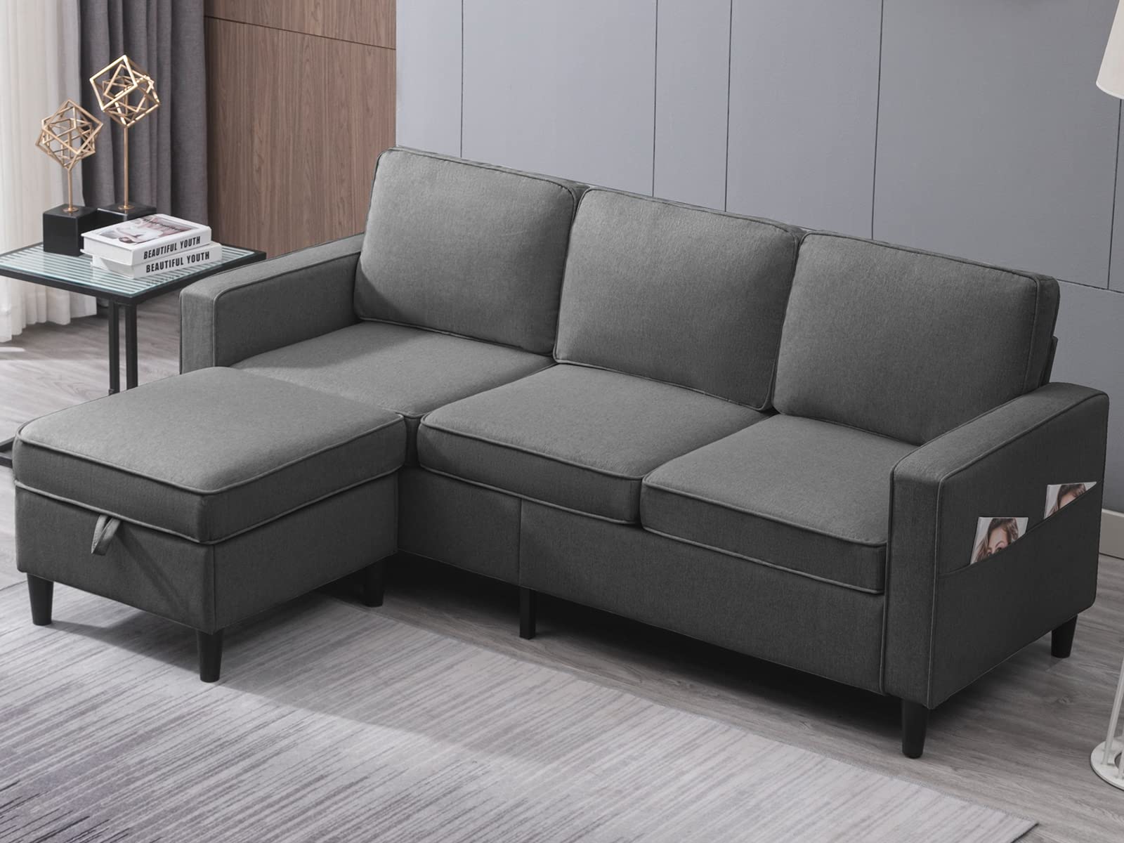 PUREMIND 89 Inches Sectional Sofa, Linen L-Shaped Couches with Reversible Storage Ottoman, Wooden Legs, 3-Seat Modern Convertible Sectional Couches for Living Room (Dark Grey)