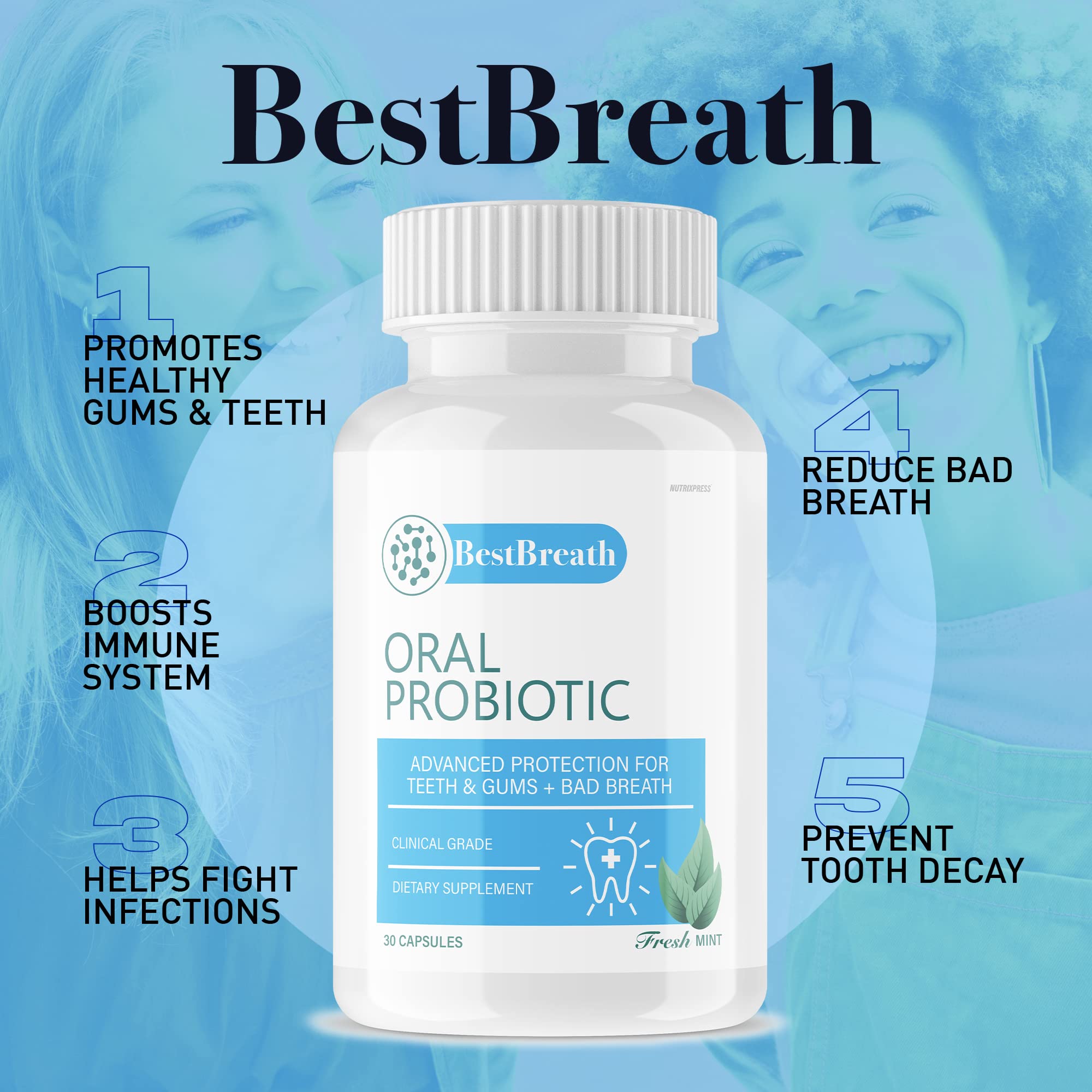 Nutrixpress (2 Pack) - Best Breath Oral Probiotic Pills for Mouth Bad Breath - New Brand BestBreath Probiotic Tablets for Teeth and Gums, Mints, Refresher, Adults, 60 Days Supply