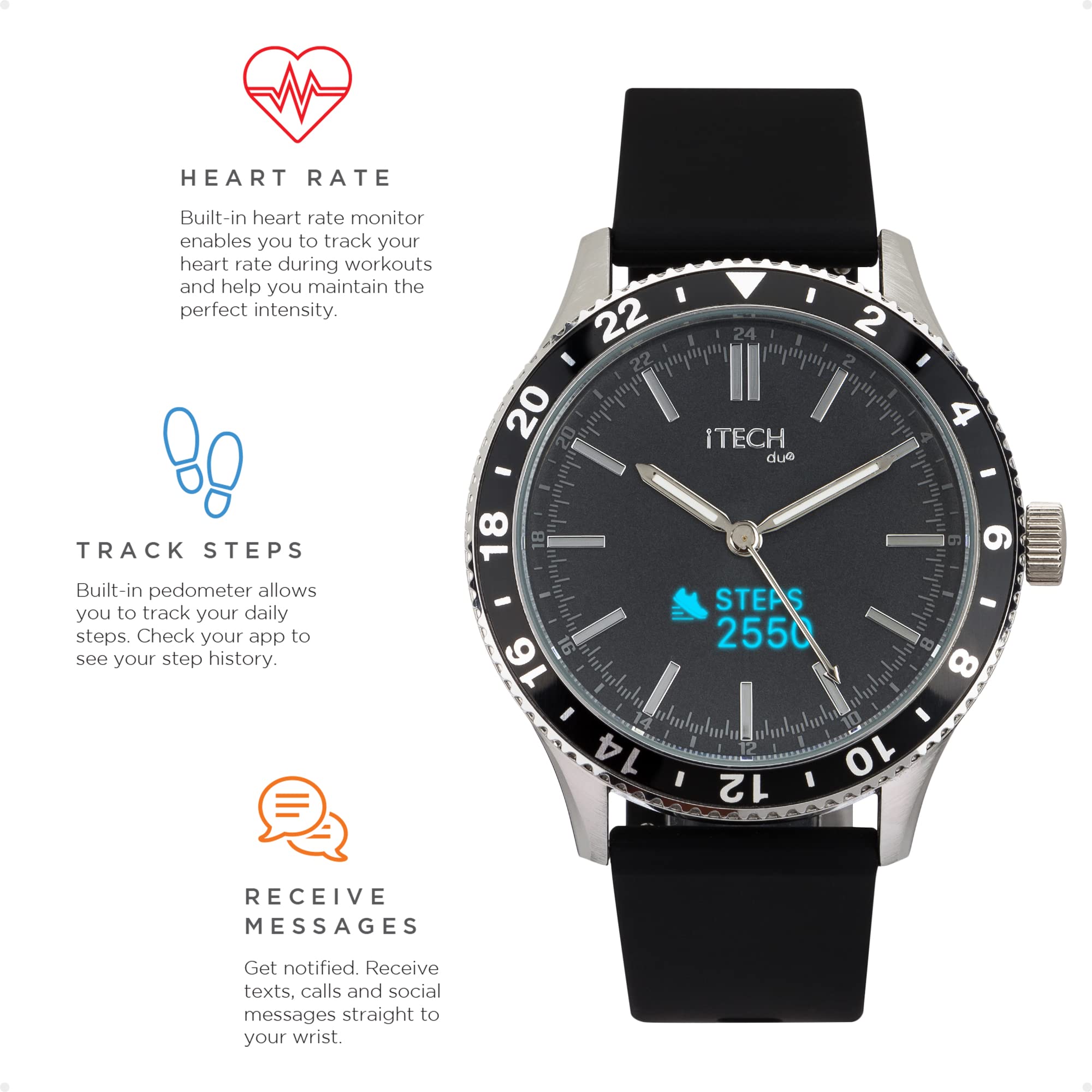 Itech Duo Smartwatch Fitness Tracker Step Counter Sleep Monitor Connected GPS Notifications for Women and Men up to 10 Day Battery Compatible w Android & iOS (Silver/Black)