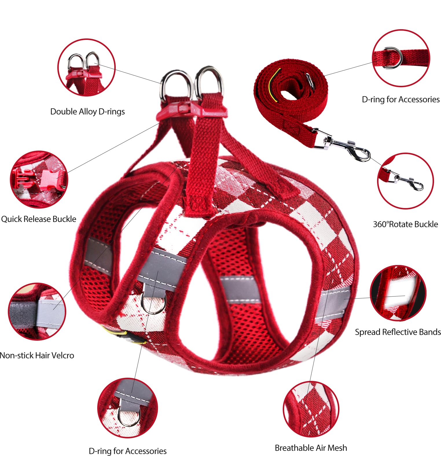 Serepet XS Dog Harness for Small Puppies, No Pull & Step in, No Choke & Escape Proof for Easy Walker with Leash Set, Red Checkered