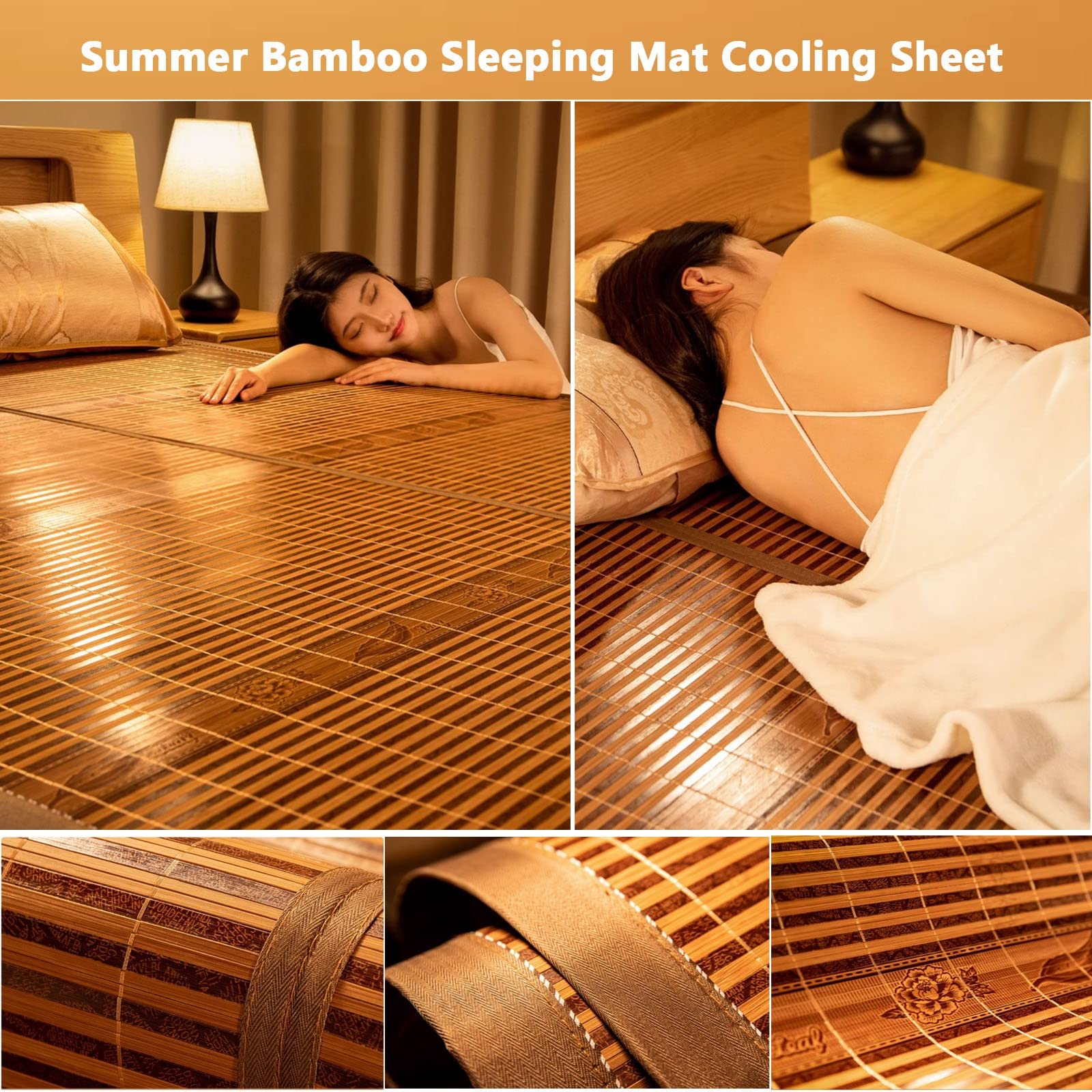Summer Cooling Bamboo Sleeping Mat, Double-Sided Single/Twin/Queen Folding Mattress Topper Pad,Breathable Smooth Bed Sheet Air Conditioning Mat，Summer Bedding for Home School Dorm(with Pillowcase) (S