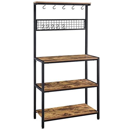 Yaheetech Kitchen Bakers Rack, Coffee Bar Station Microwave Stand with 10 Hooks and Adjustable Feet, Freestanding Utility Storage Shelf for Kitchen, Dinning Room, Living Room, Rustic Brown