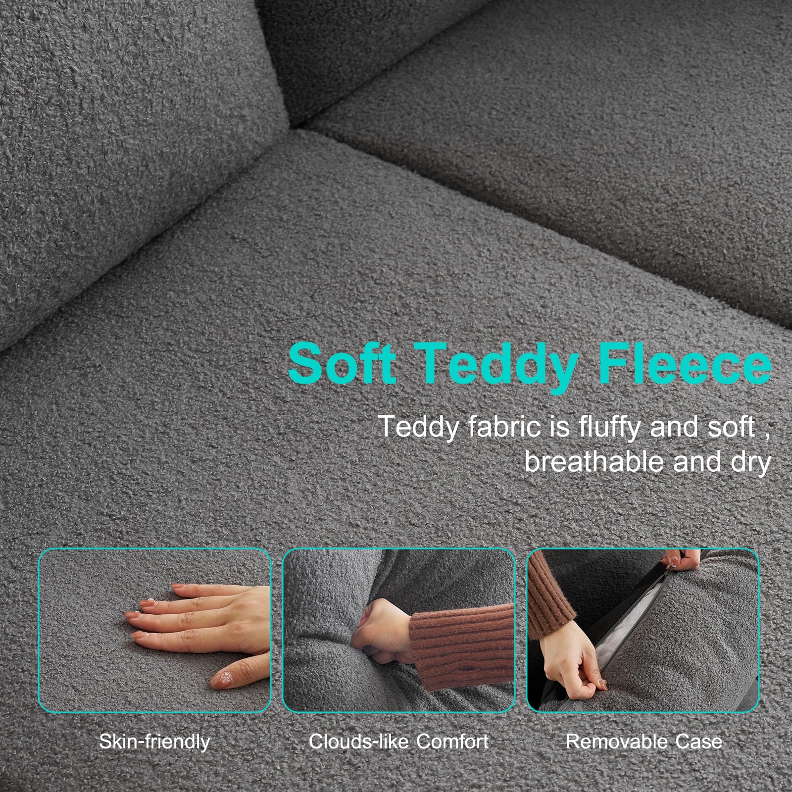 SENYUN 3-Seater Sofa Couch,Comfy Couch with Upholstered Cushions & Square Armrest,Modern Sofa with Deep Seats, Bouclé Home Sofa Couches for Living Room,Apartment,Bedroom,Office(Grey)