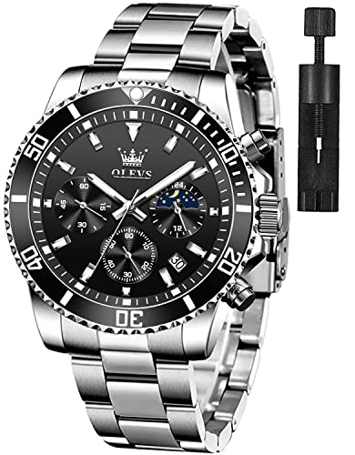 OLEVS Black Silver Watches for Men Classic with Date Business Dress Chronograph Big Face Reloj para Hombre Waterproof Luminous Mens Wrist Watch Analog Party Fashion Stainless Steel Man Watch