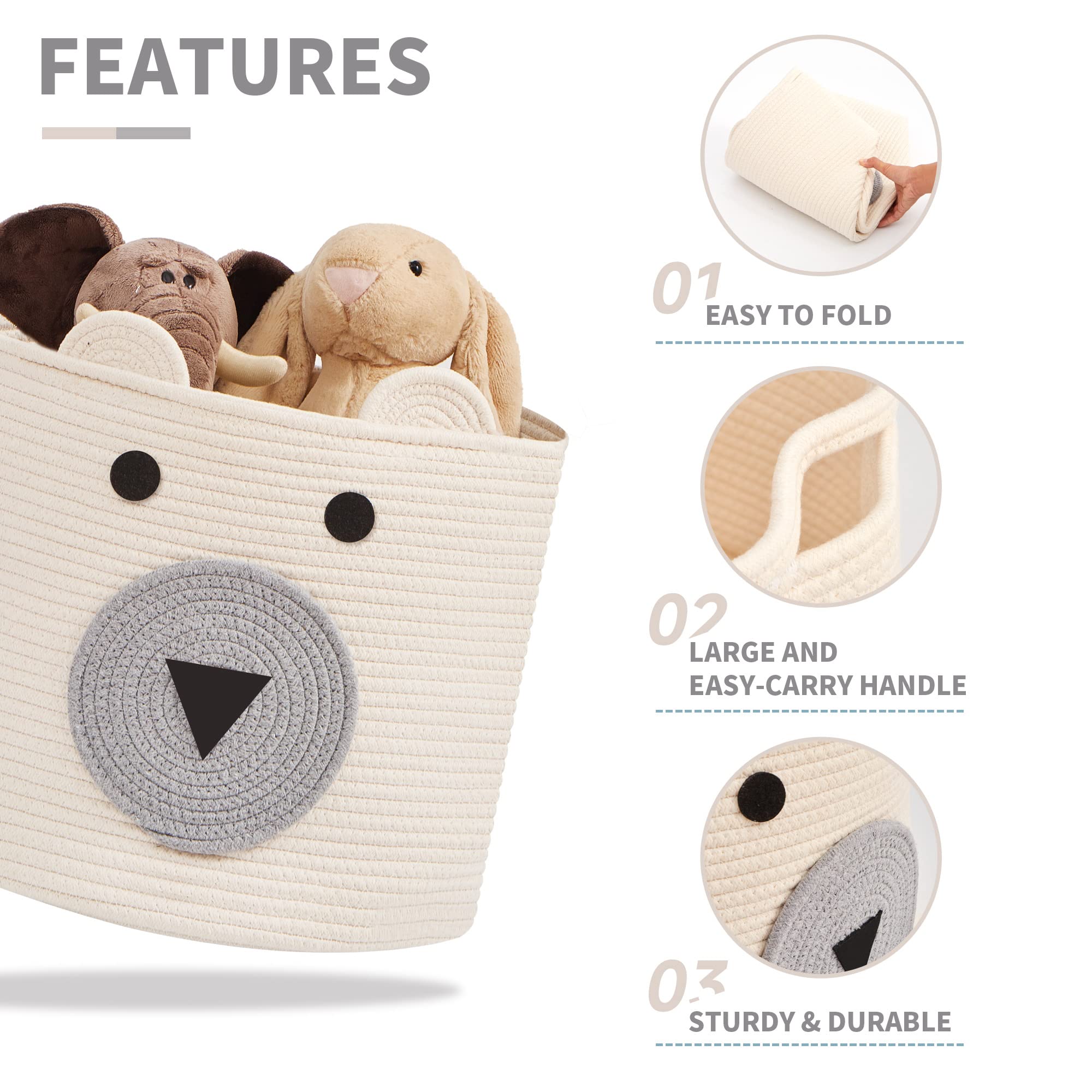 MELLBAY Cotton Rope Storage Basket, Cute Bear Toy Basket with Handles, Nursery Storage, Baby Laundry Basket, Clothes, Towels, Animal Baskets as Gift for Kids, christmas baskets, White, 16”(D) x 14”(H)