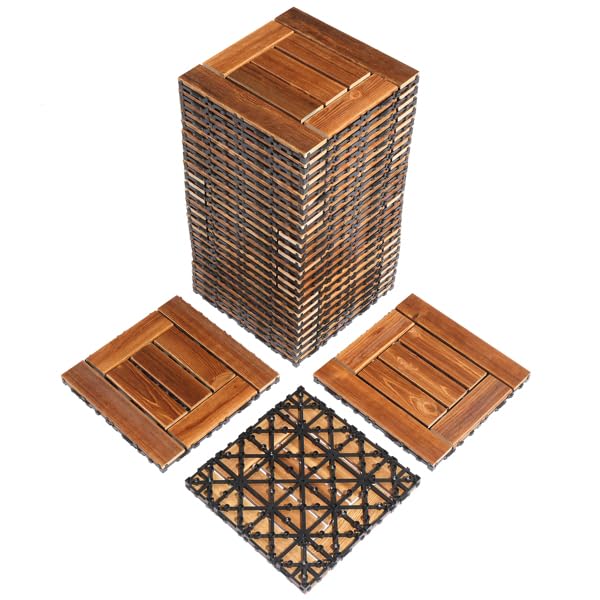 Natural Oak Wood Interlocking Deck Tiles 27pcs Outdoor Spliced Solid Wood Flooring,Waterproof Flooring Tiles for Patio Porch Poolside Balcony Backyard (Model 1)