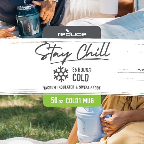Reduce 50 oz Tumbler with Handle - Vacuum Insulated Stainless Steel Desk Mug with Sip-It-Your-Way Lid and Straw - Keeps Drinks Cold up to 36 Hours - Sweatproof, Dishwasher Safe - OG Mineral Blue