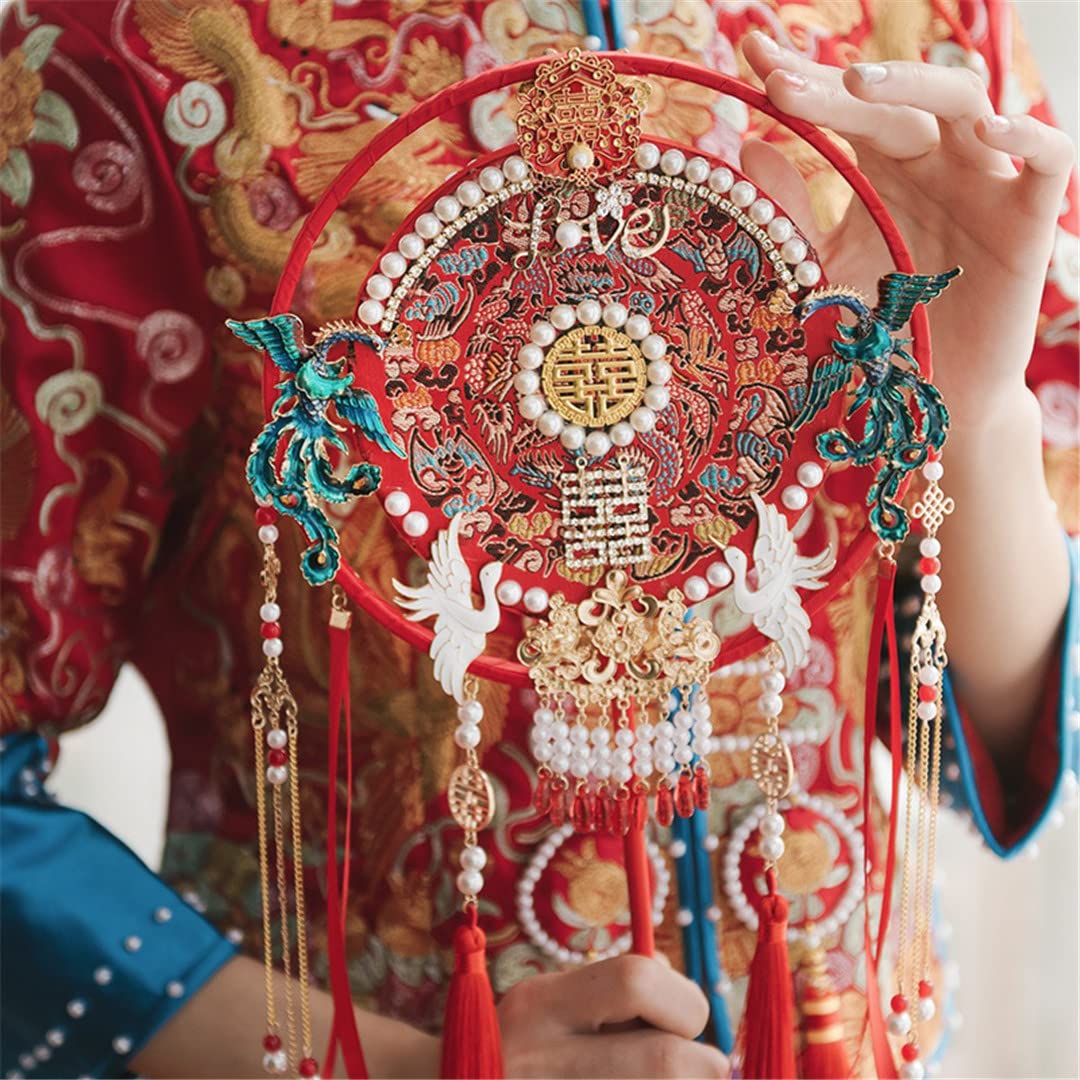 Lmtossey Antique Bridal Fan Chinese Classical Wedding Bride Long Handle Group Fan Wedding Supplies Xiuhe Photography Hold Fan Props