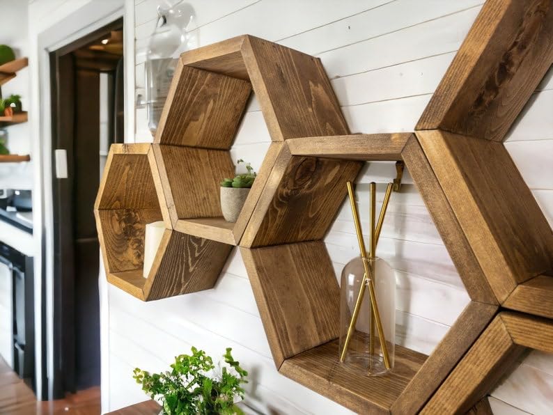 MUOSI Hexagon Shelves, Plant Shelves, Wide Hexagons Shelves, Honeycomb Shelves, Wall Decor ( Provincial I*Set of 6 Hexagons )