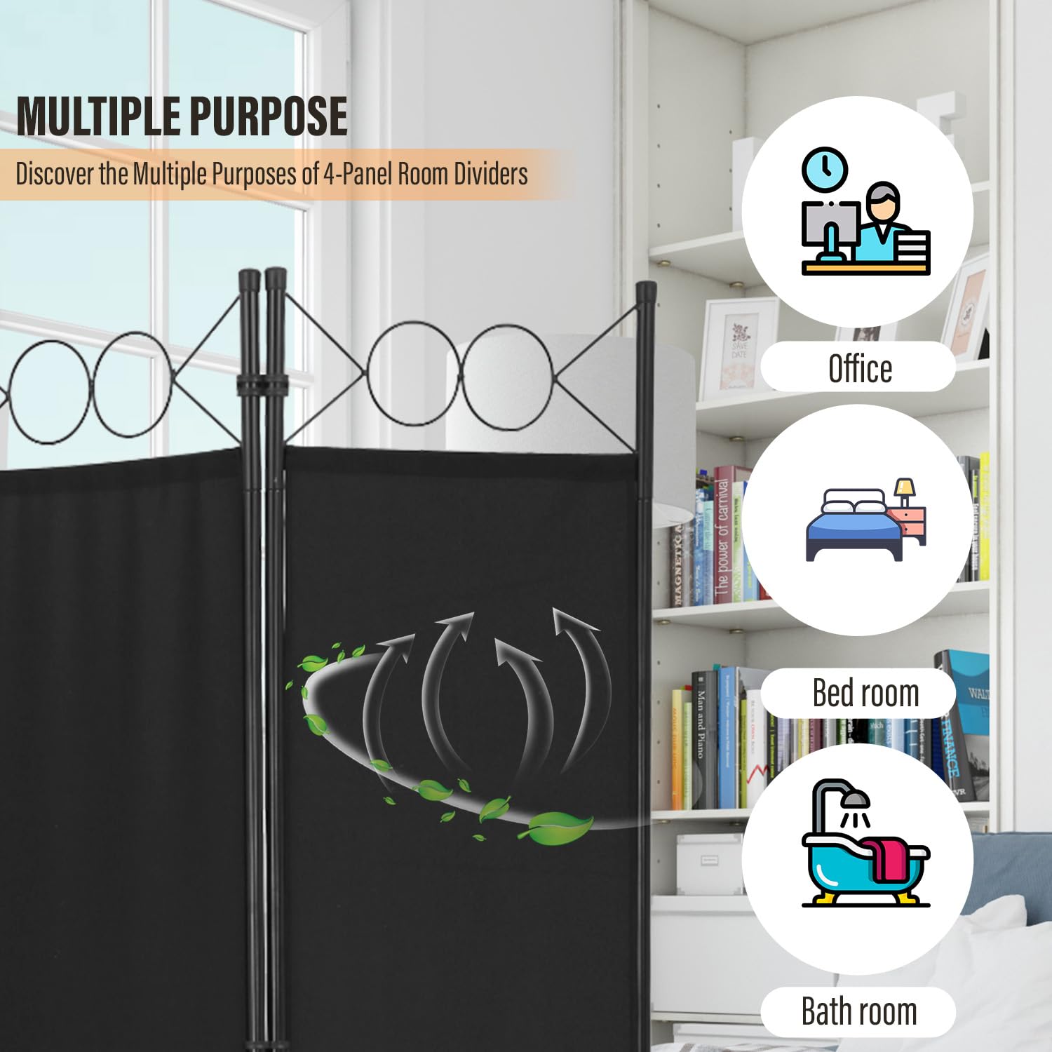 Room Divider,4 Panels Folding Privacy Screen Portable Wall Divider Partition Freestanding Room Dividers for Home Office Room Separation,Black