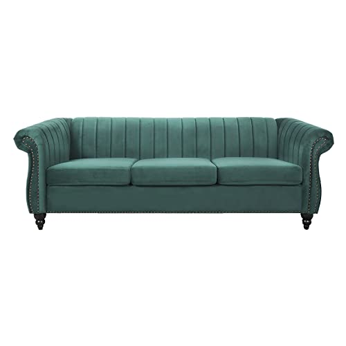 MIYZEAL Modern 3 Seater Tufted Couch, Velvet Chersterfield Sofa with Channel Back, Roll Arm Classic Settee Upholstered Couch for Living Room Office (Green)